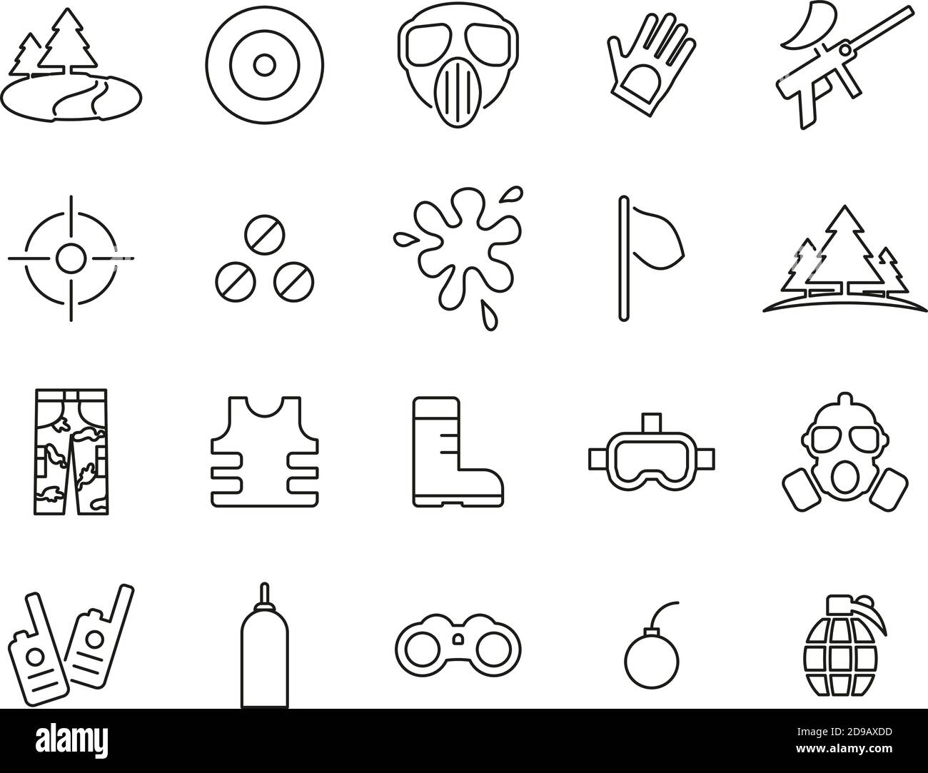 Paintball Game & Paintball Equipment Icons Black & White Thin Line Set ...