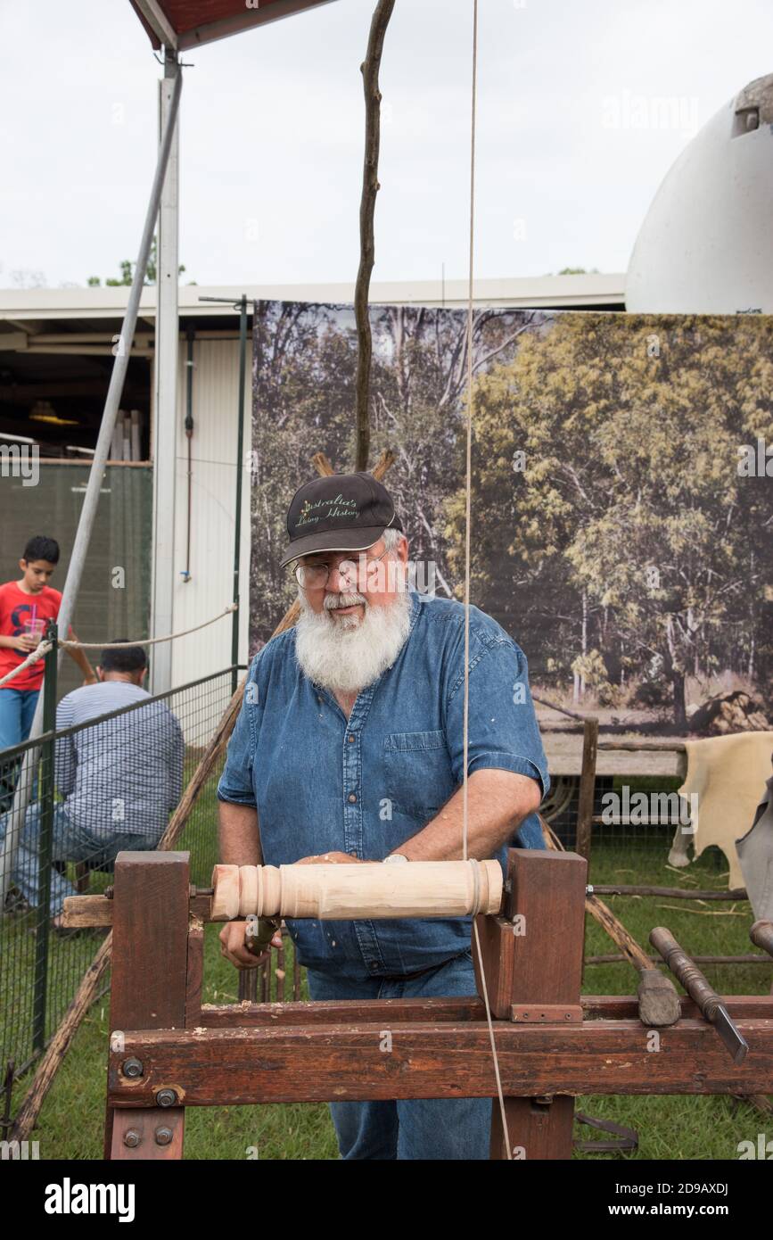 Darwin, NT, Australia-July 27,2018: Man showing the use of wood turning ...