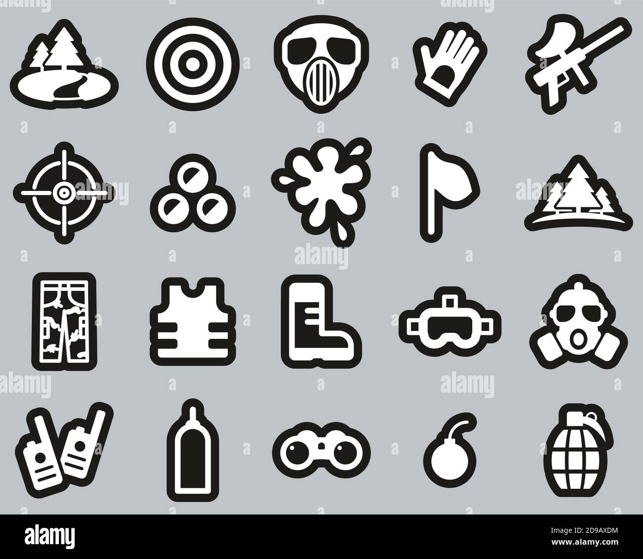 Paintball Game & Paintball Equipment Icons White On White Sticker Set ...