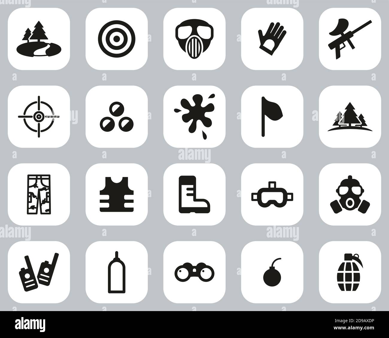 Paintball Game & Paintball Equipment Icons Black & White Flat Design ...