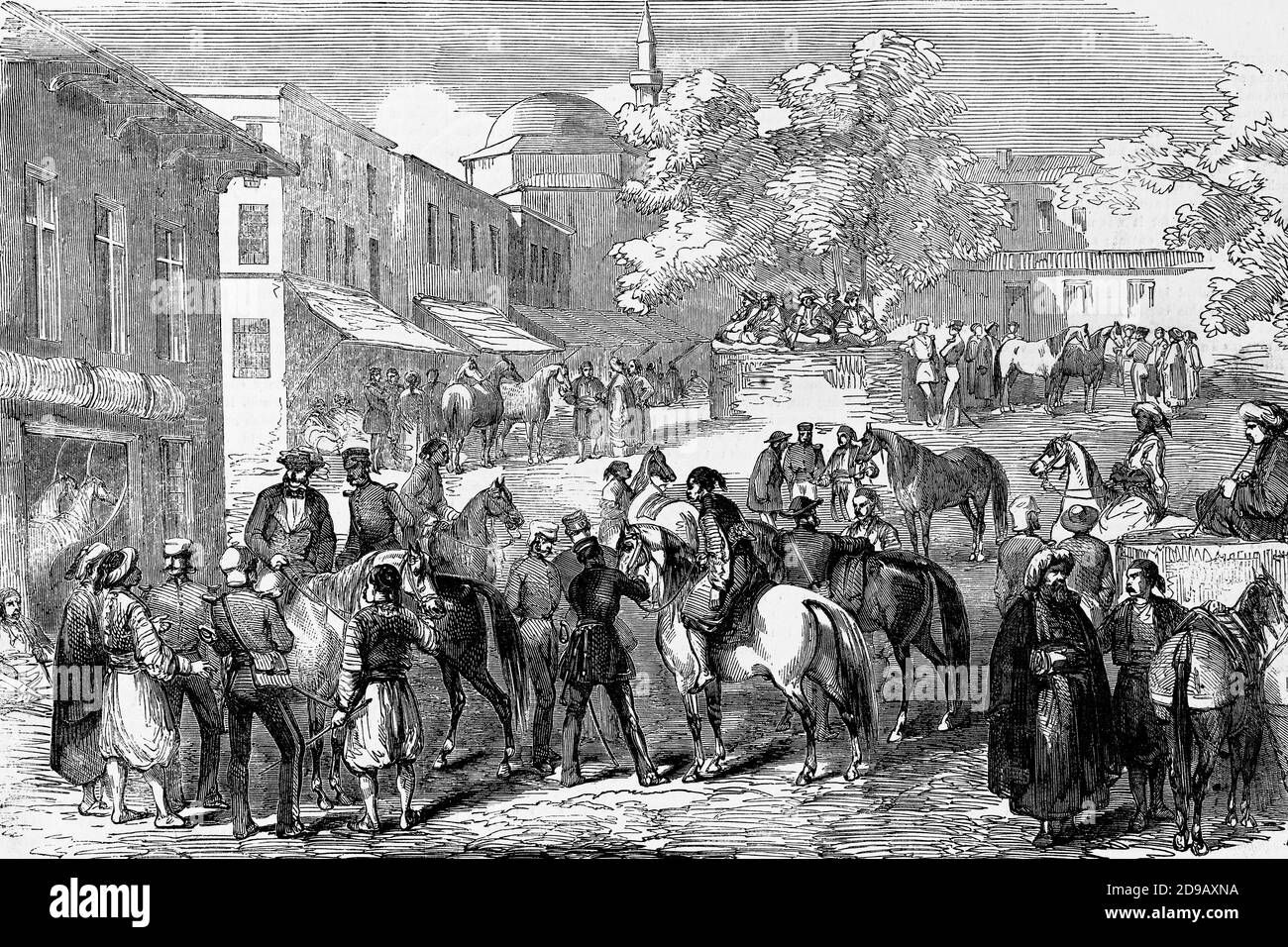 Horse bazaar at Constantinople, currently Istanbul, Turkey. Antique ...