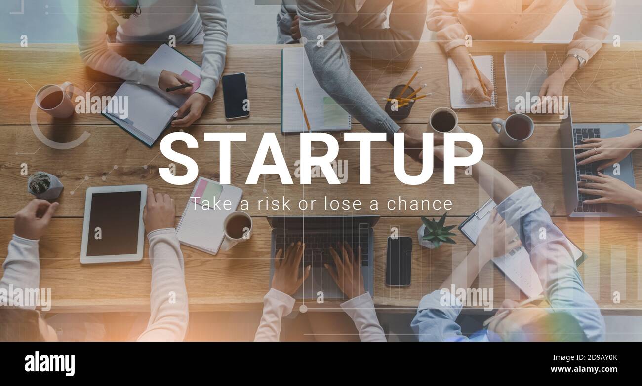 STARTUP, TAKE RISK OR LOSE CHANCE. Collage with colleagues working on ...