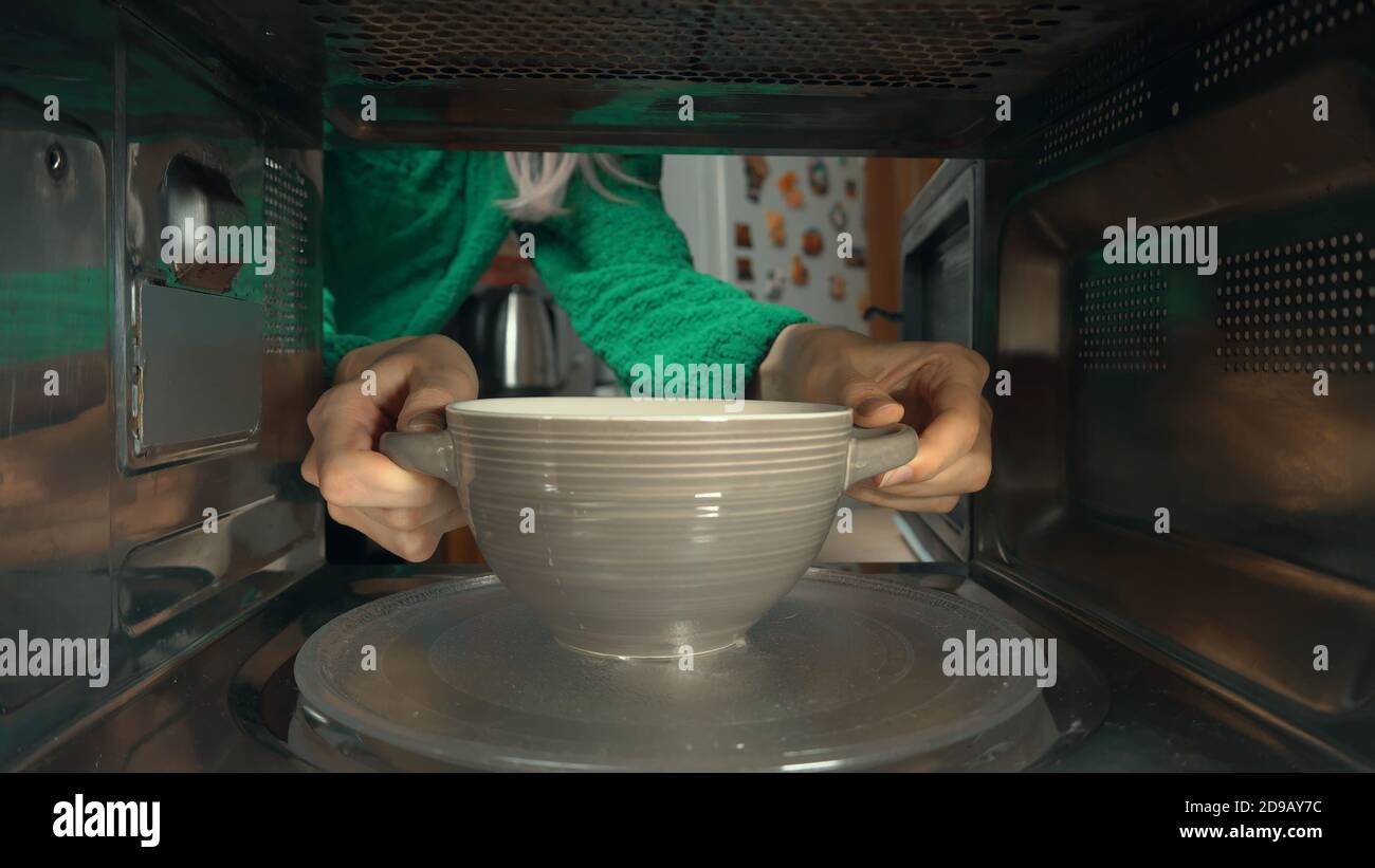Women's hands put a ceramic bowl with some food in the microwave to ...