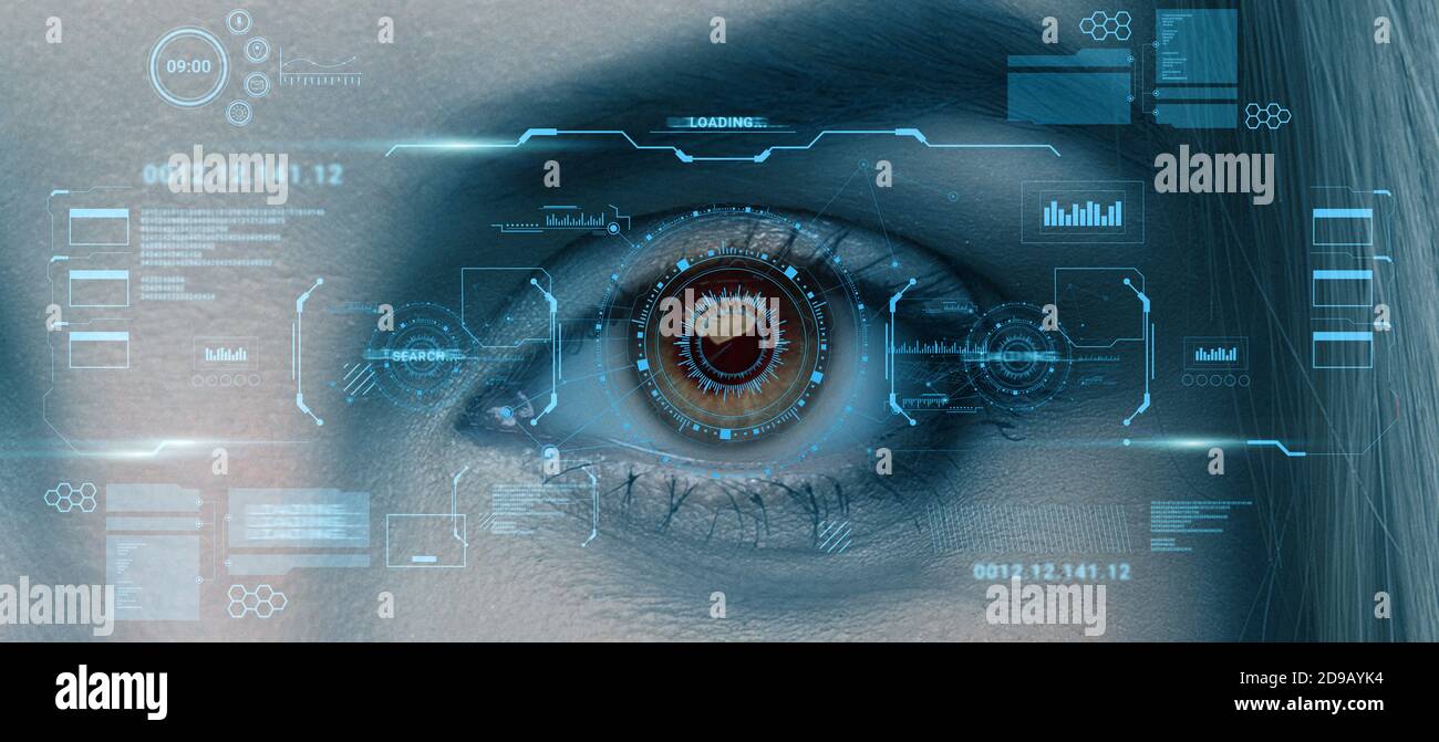 Retina scan of female eye, collage with futuristic data on virtual ...