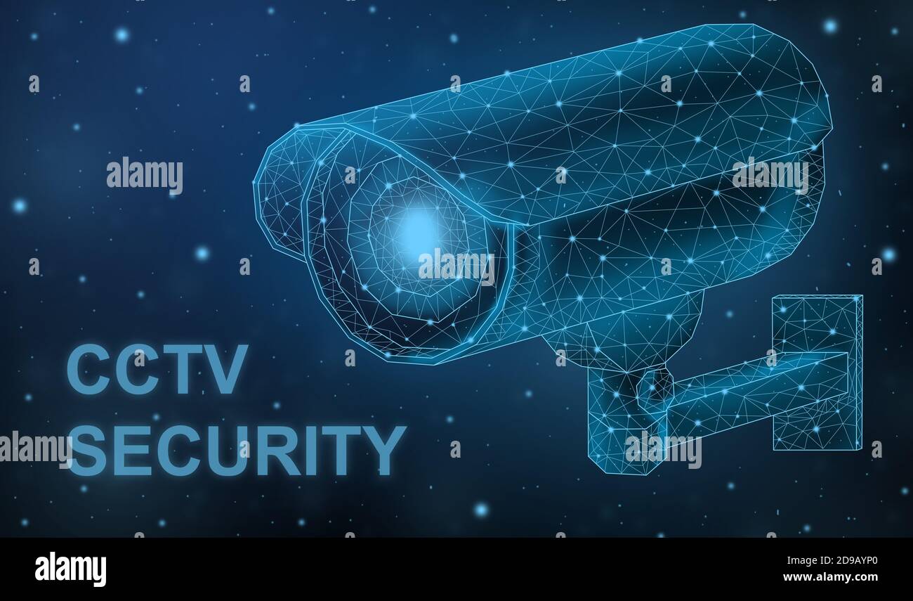Low polygon CCTV security camera wireframe mesh on blue background ...