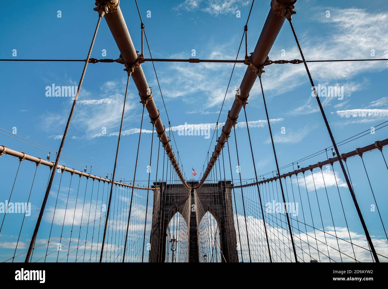 Brooklyn Bridge in New York City. Brooklyn Bridge is a hybrid cable ...