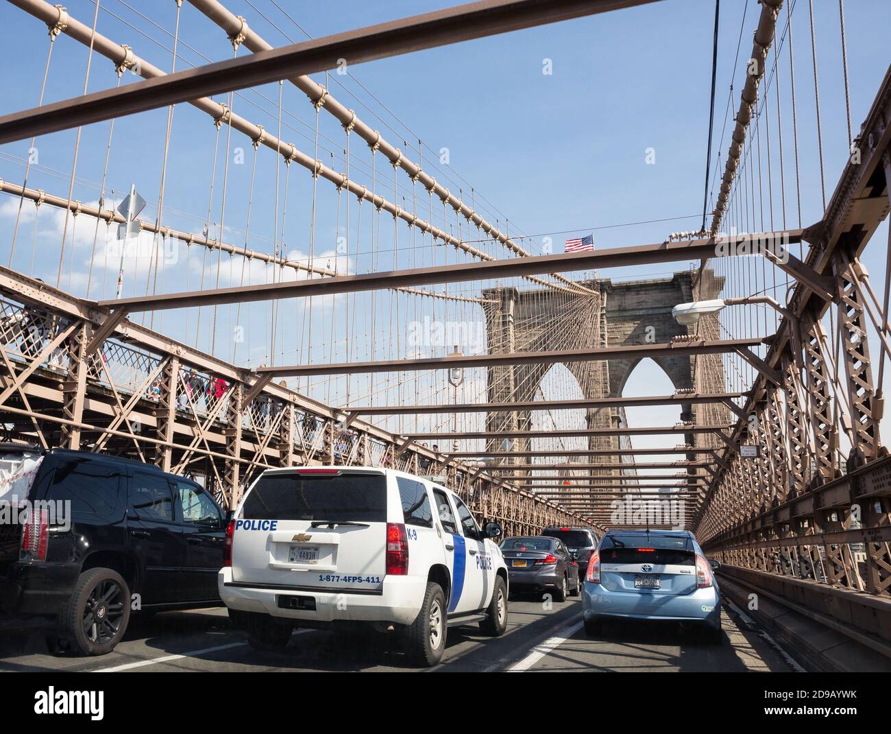 NEW YORK, USA - Apr 27, 2016: Police car on Brooklyn Bridge. Brooklyn ...