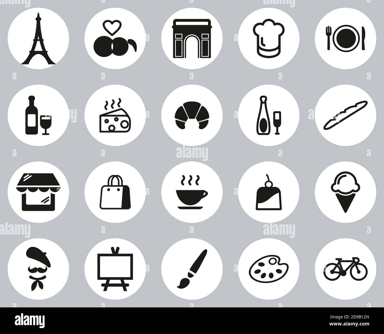 Paris City & Culture Icons Black & White Flat Design Circle Set Big ...