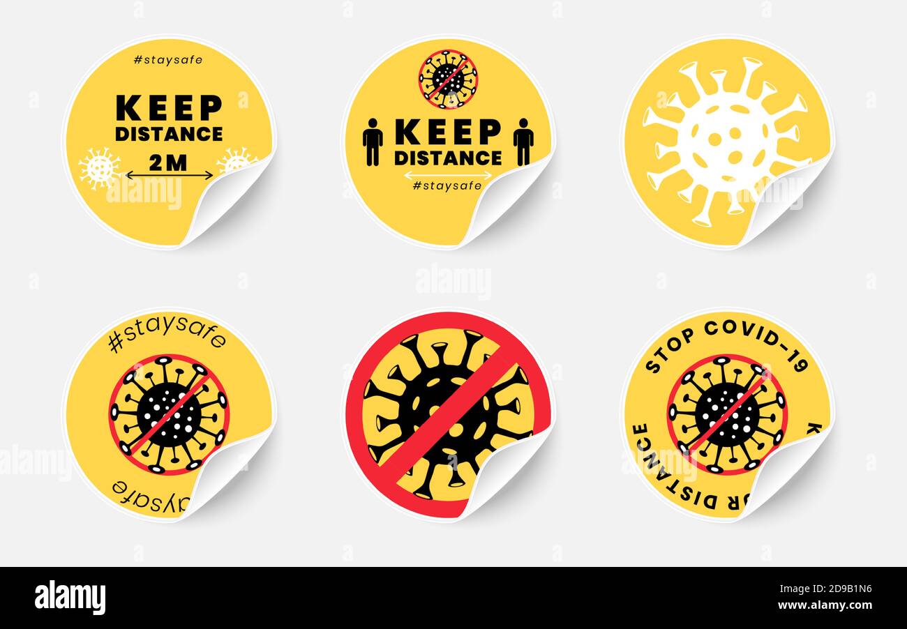 Covid-19 icons. Set of realistic social distance stickers with rolled ...
