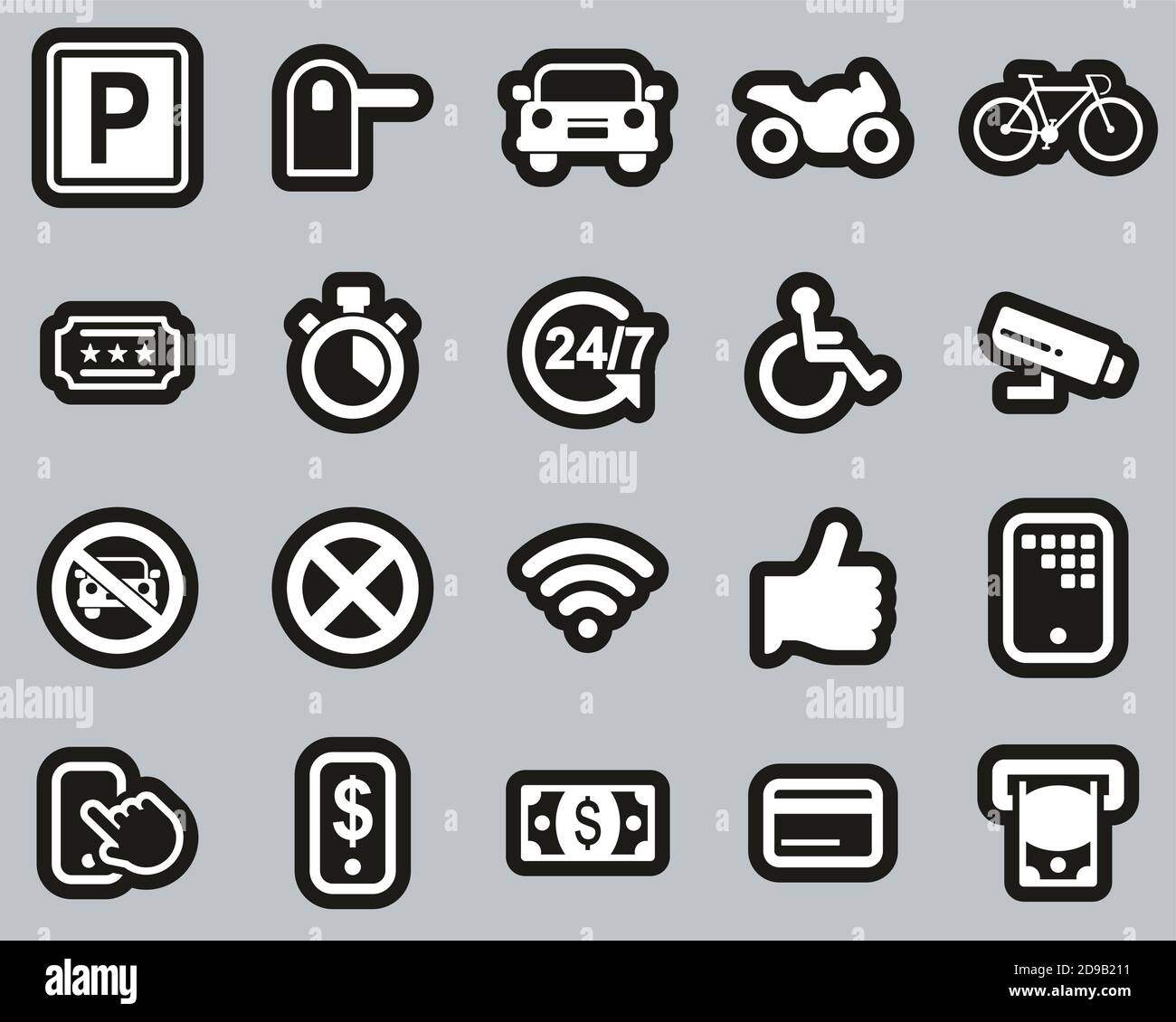 Parking Or Parking Lot Icons White On Black Sticker Set Big Stock ...