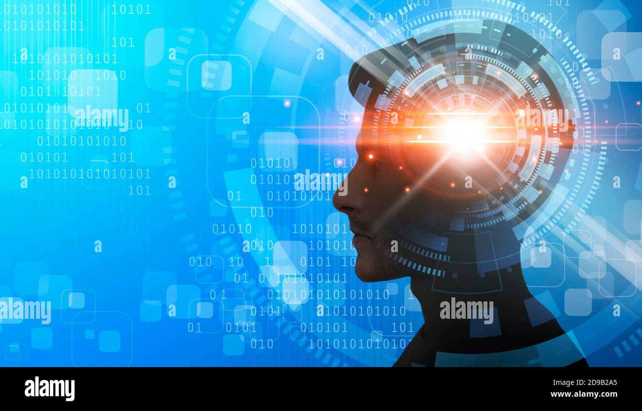 Male cyborg profile portrait over blue background Stock Photo - Alamy