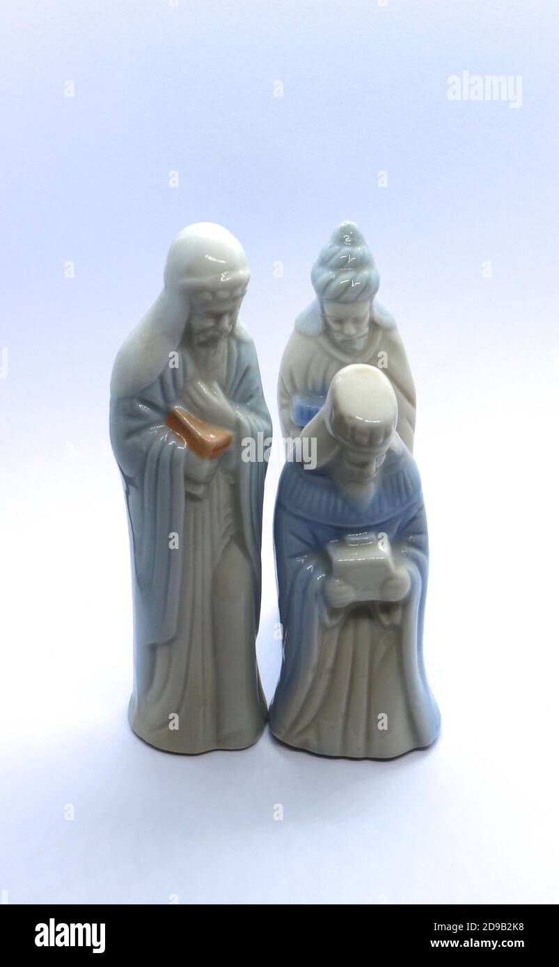Porcelain nativity scene in pale blue and cream colours against a white ...