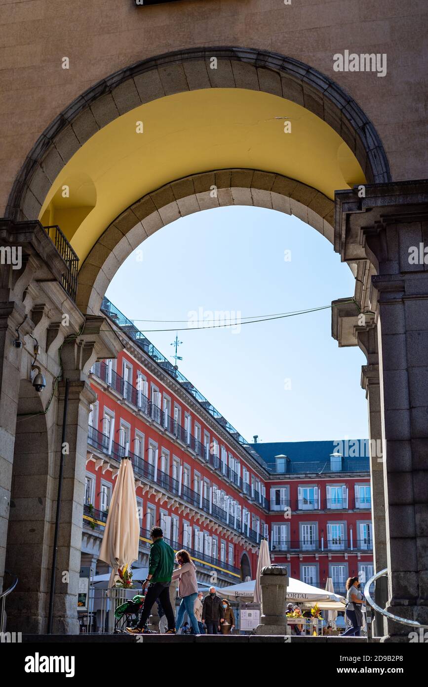 Madrid, Spain - October 11, 2020: The Plaza Mayor. Framed view by an ...