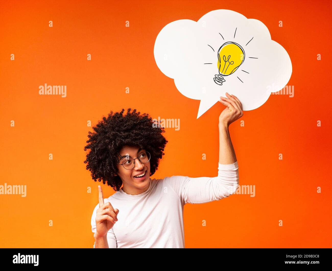 Creative ideas and innovations. African American guy holding speech ...