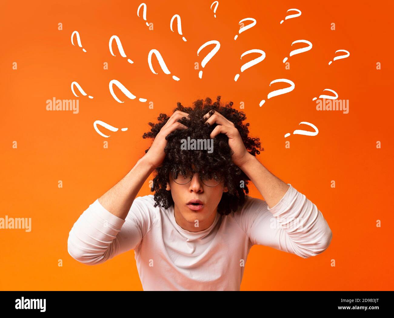 African American guy with question marks above his head panicking ...