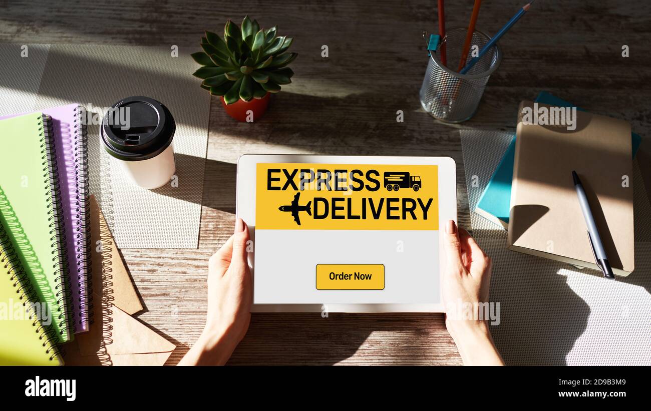 Express delivery form on screen, transportation and logistic concept ...
