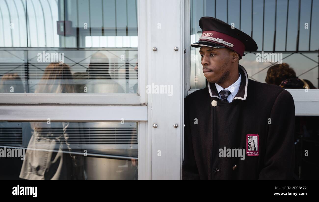 NEW YORK, USA - Apr 30, 2016: Security guard on the observation deck of ...