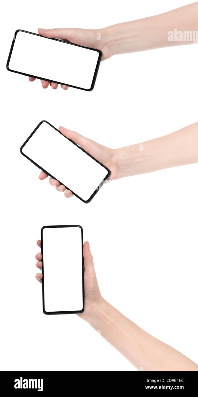 Collage woman hand holding the black new smartphone with blank screen ...