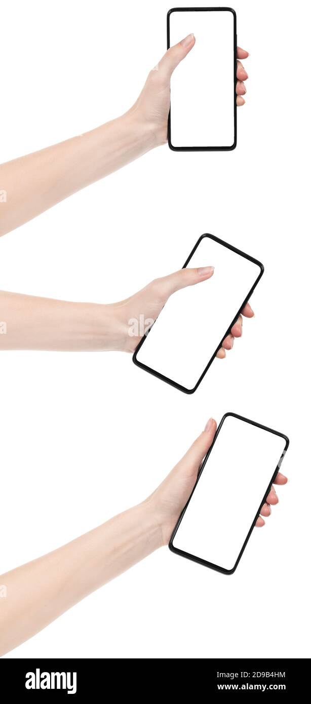 Collage woman hand holding the black new smartphone with blank screen ...