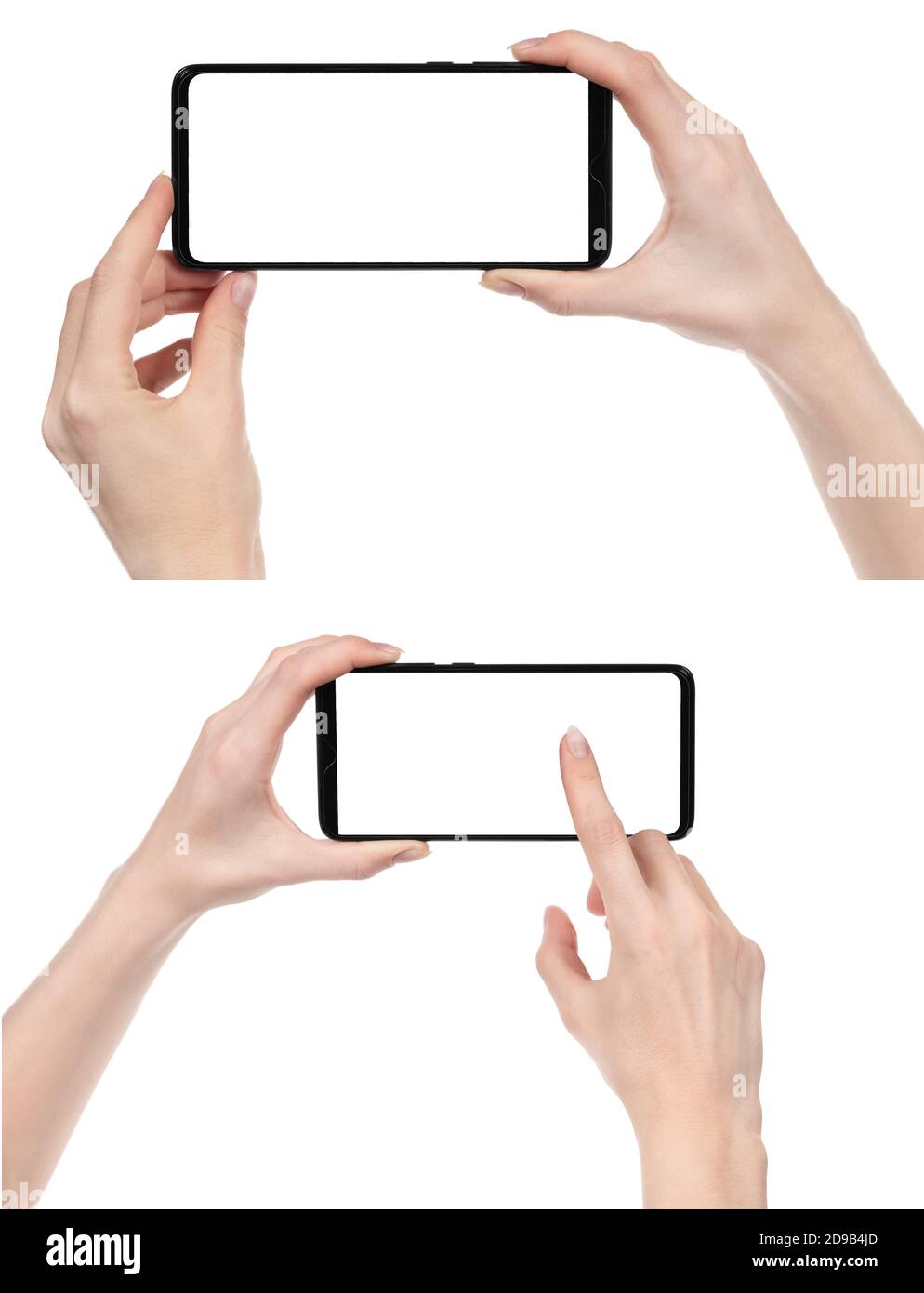 Collage woman hand holding the black new smartphone with blank screen ...