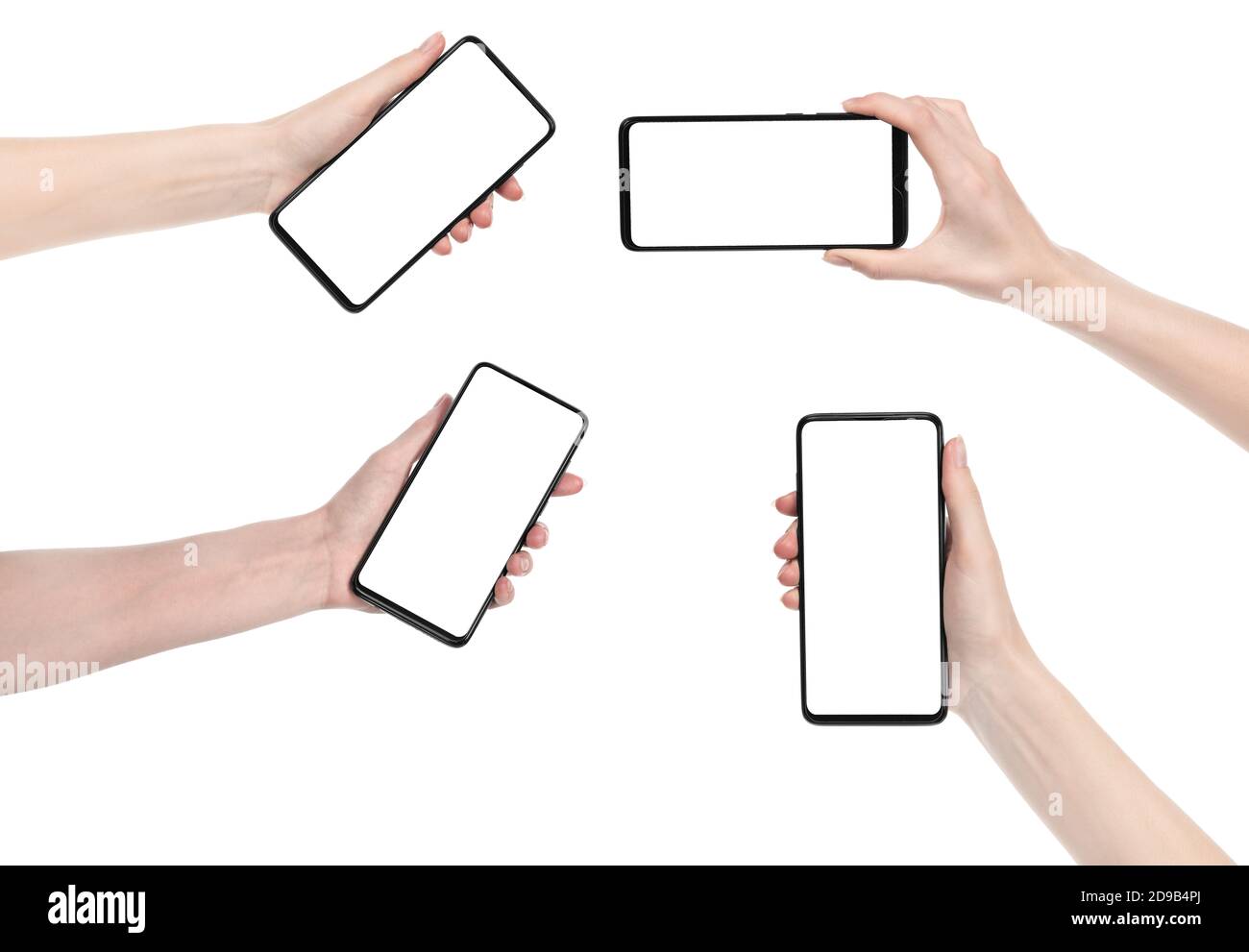 Collage woman hand holding the black new smartphone with blank screen ...