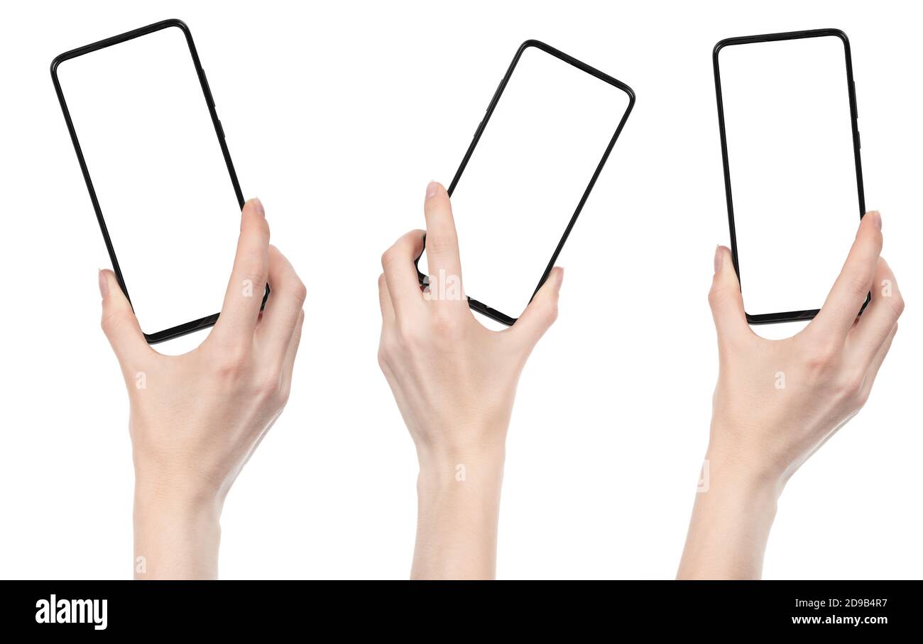 Collage woman hand holding the black new smartphone with blank screen ...
