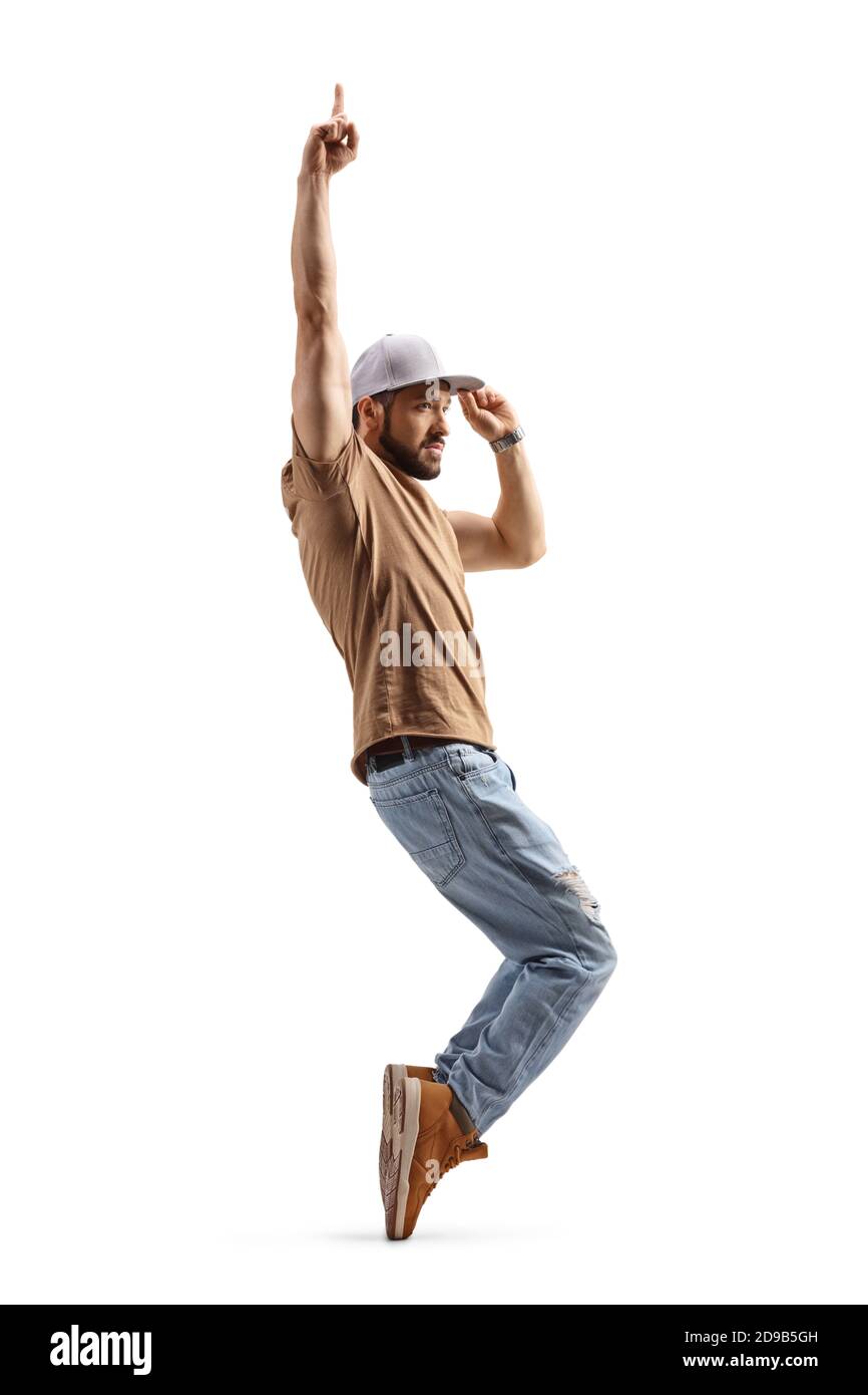 Male dancer dancing and pointing up isolated on white background Stock ...