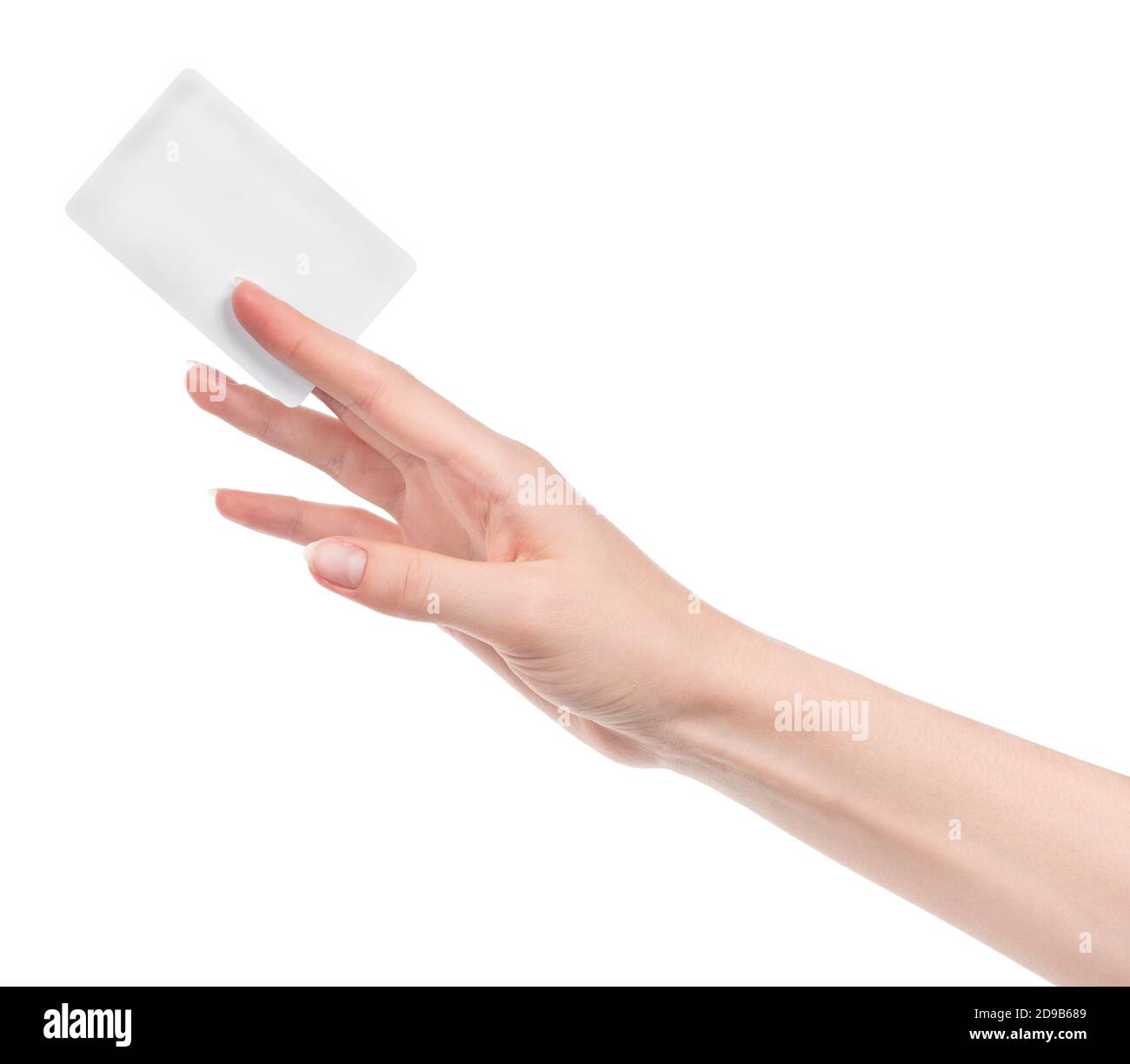 Female caucasian hands with blank business card isolated on white ...