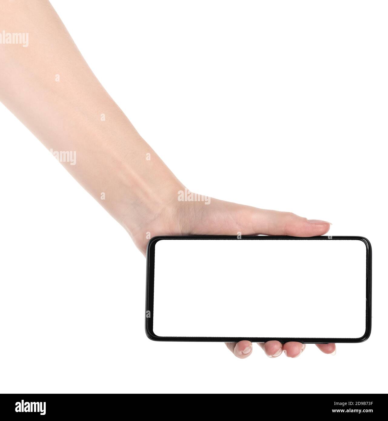 Woman hand holding the black new smartphone with blank screen isolated ...