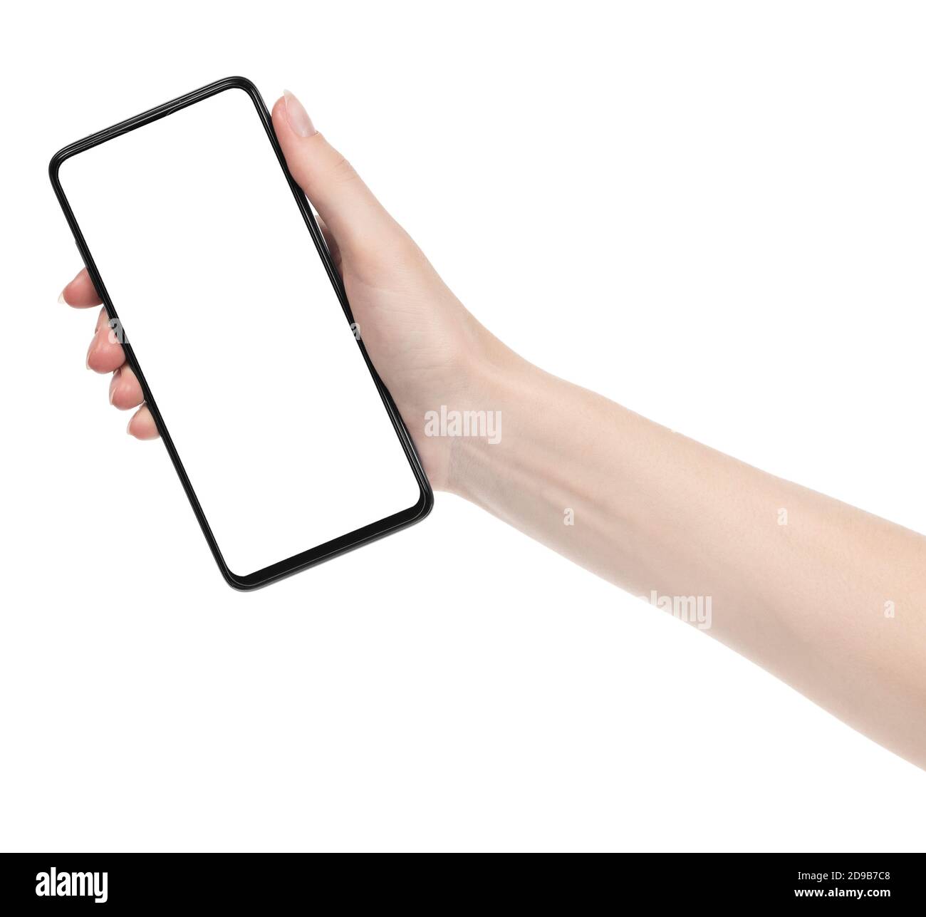 Woman hand holding the black new smartphone with blank screen isolated ...
