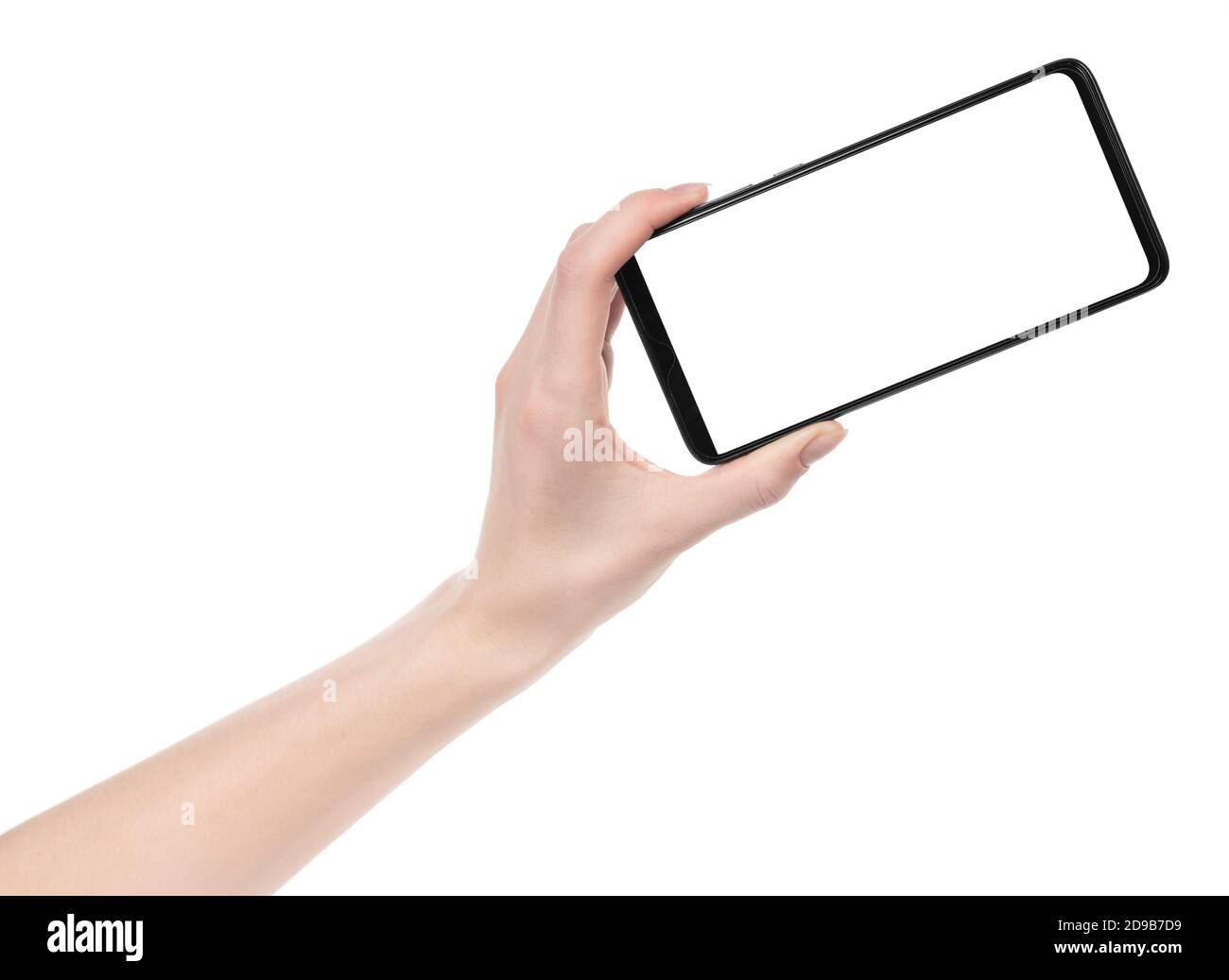Woman hand holding the black new smartphone with blank screen isolated ...