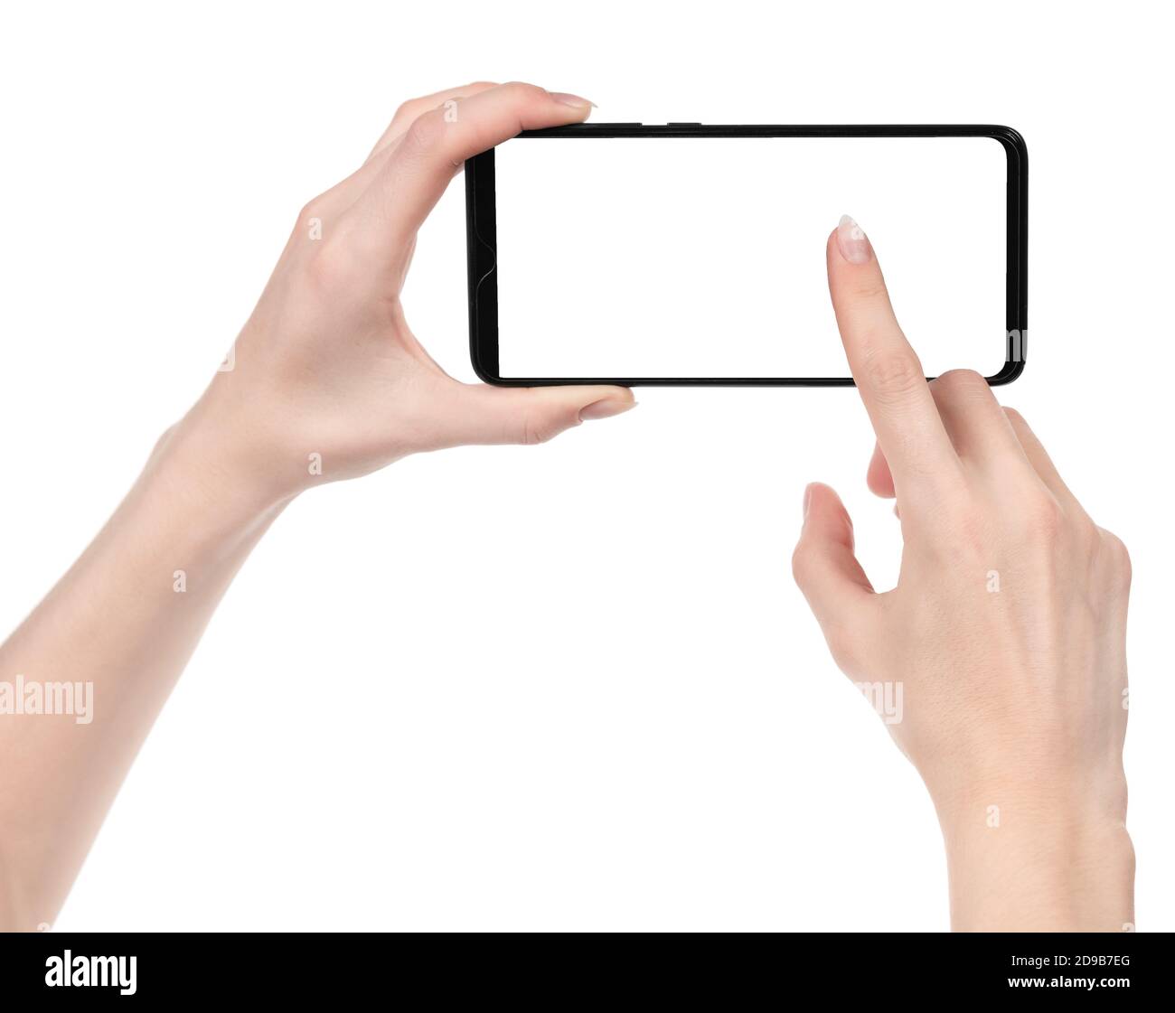 Woman hand holding the black new smartphone with blank screen isolated ...