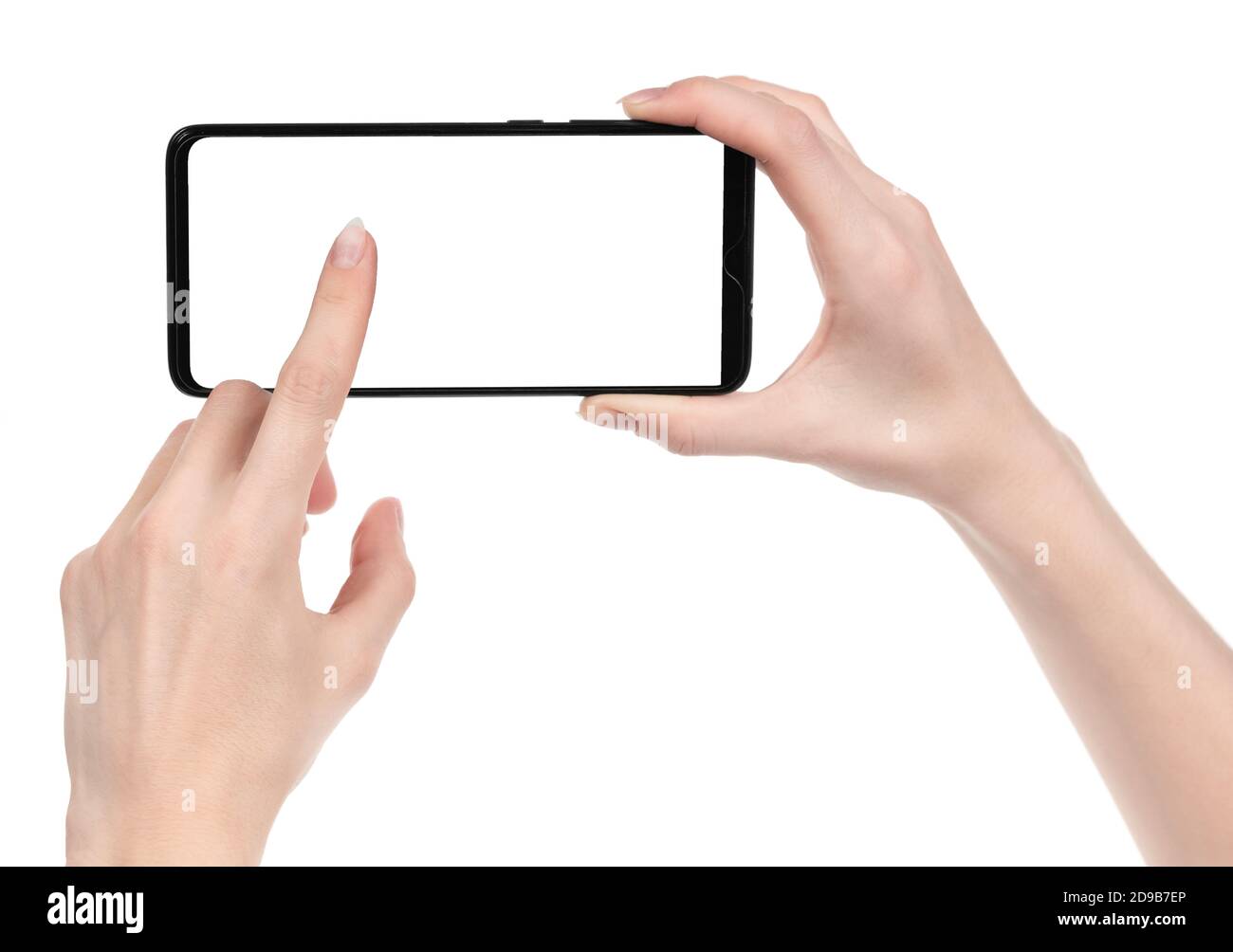 Woman hand holding the black new smartphone with blank screen isolated ...