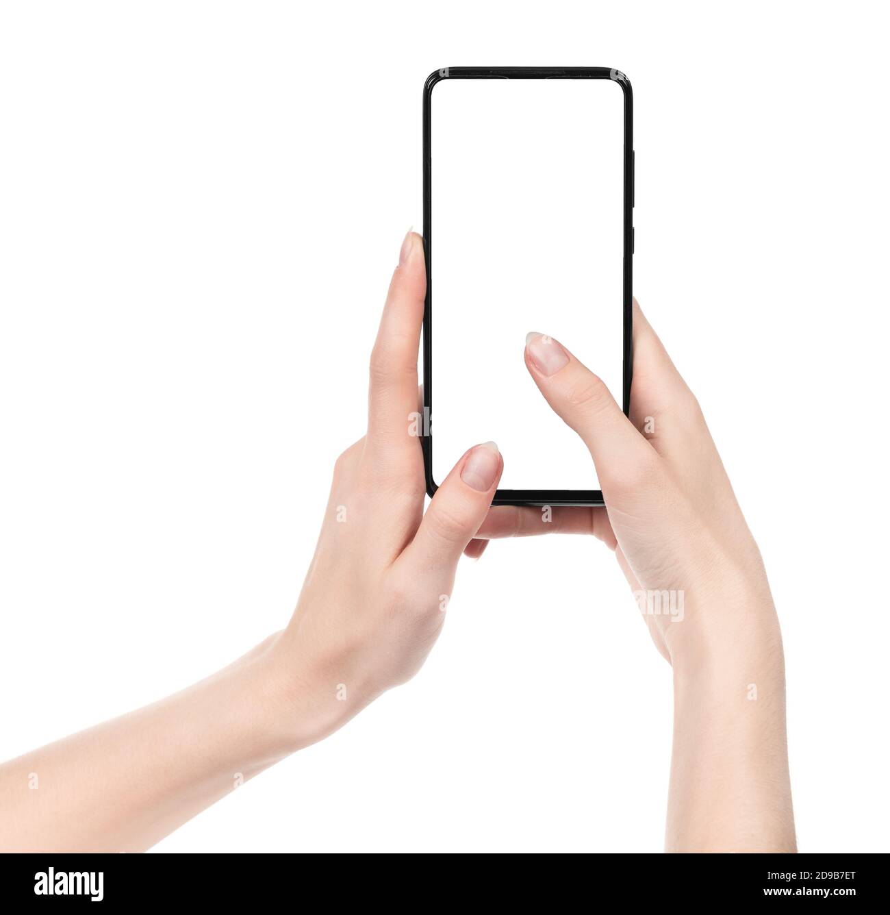 Woman hand holding the black new smartphone with blank screen isolated ...