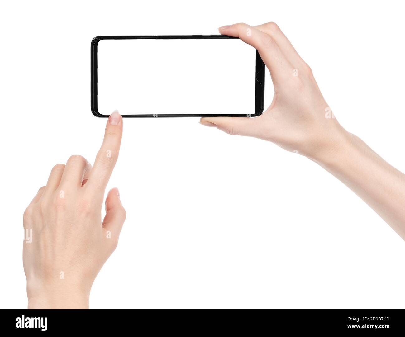 Woman hand holding the black new smartphone with blank screen isolated ...