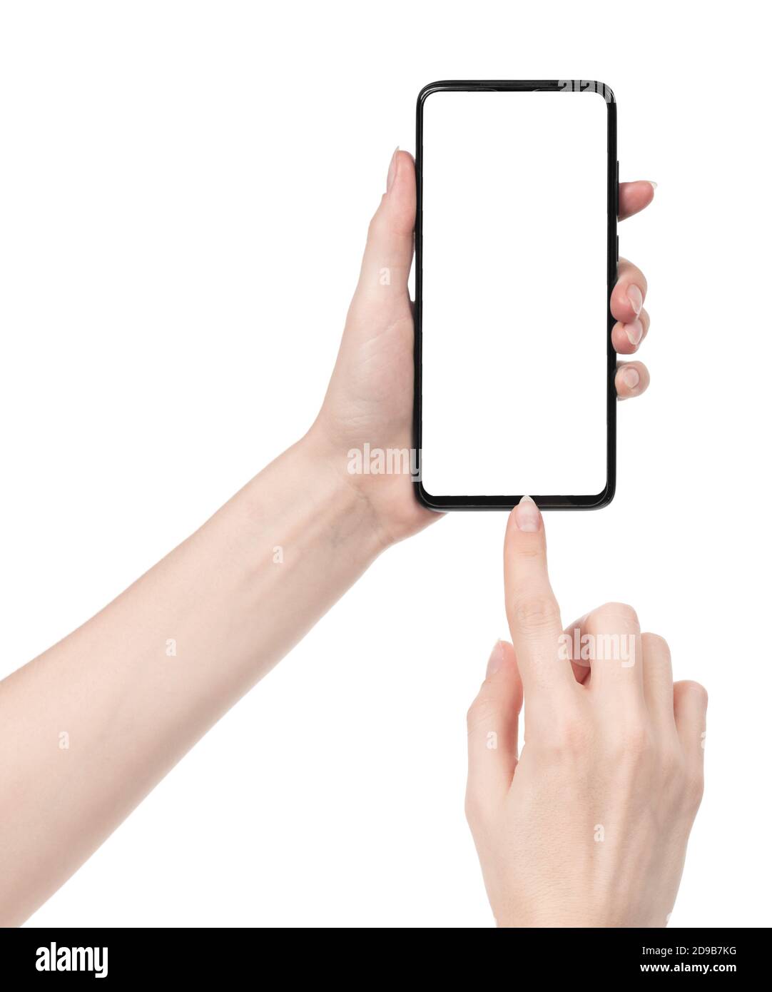 Woman hand holding the black new smartphone with blank screen isolated ...