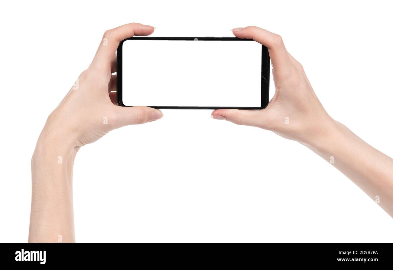 Woman hand holding the black new smartphone with blank screen isolated ...