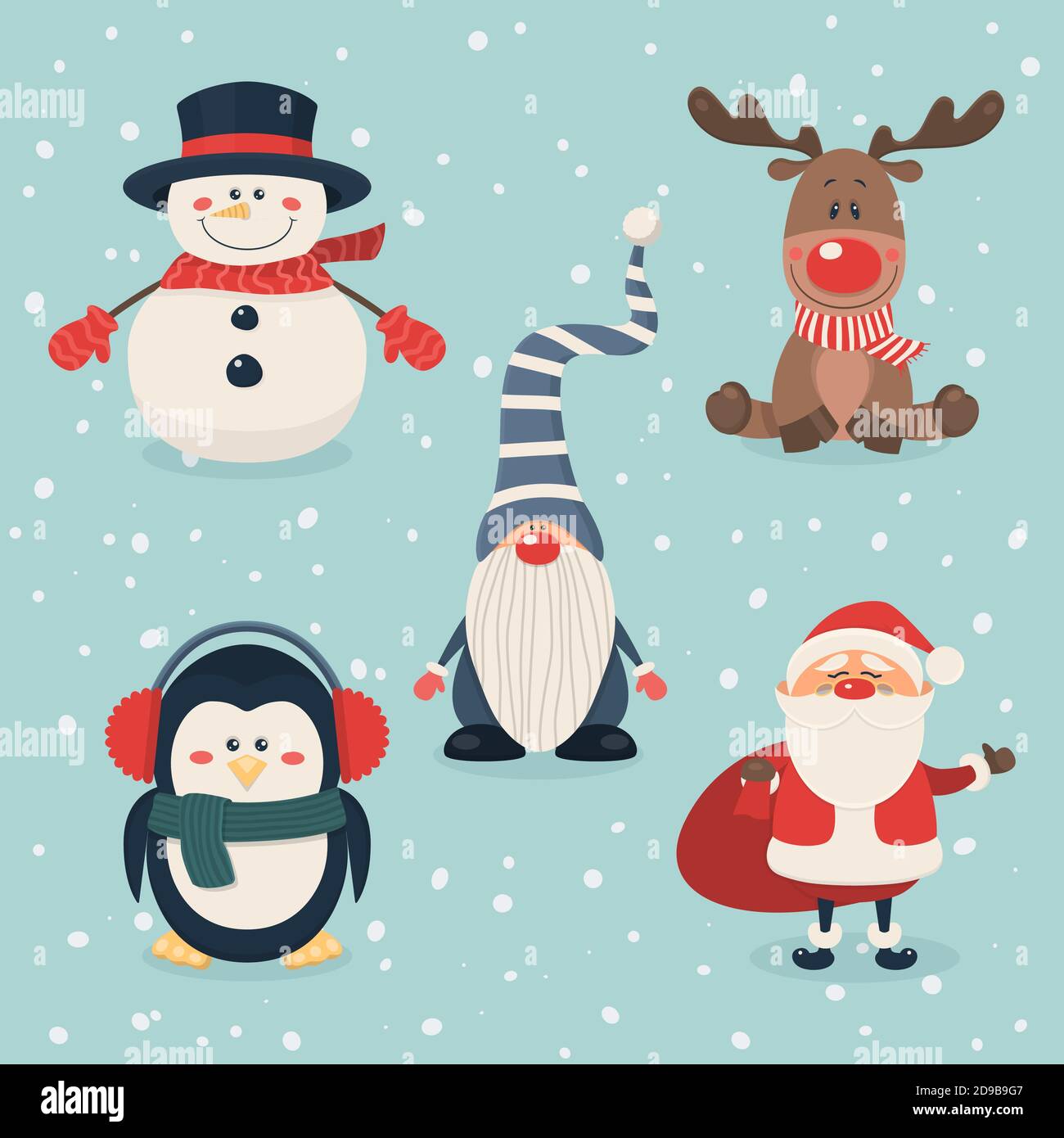Vector Christmas Cute Characters and Animals Set. Santa Claus, Snowman ...