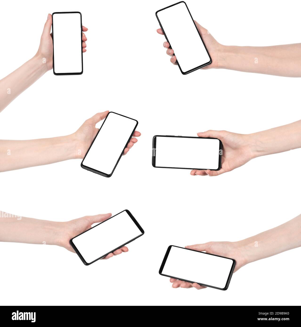 Collage woman hand holding the black new smartphone with blank screen ...