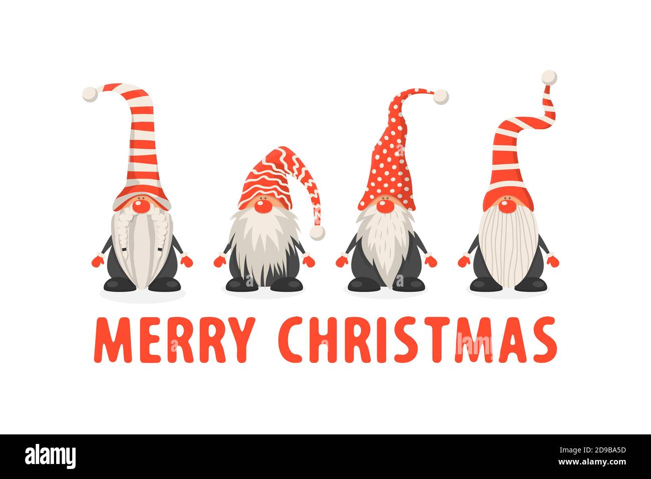 Merry Christmas Postcard. Four Vector Christmas Cute Gnomes with Red ...