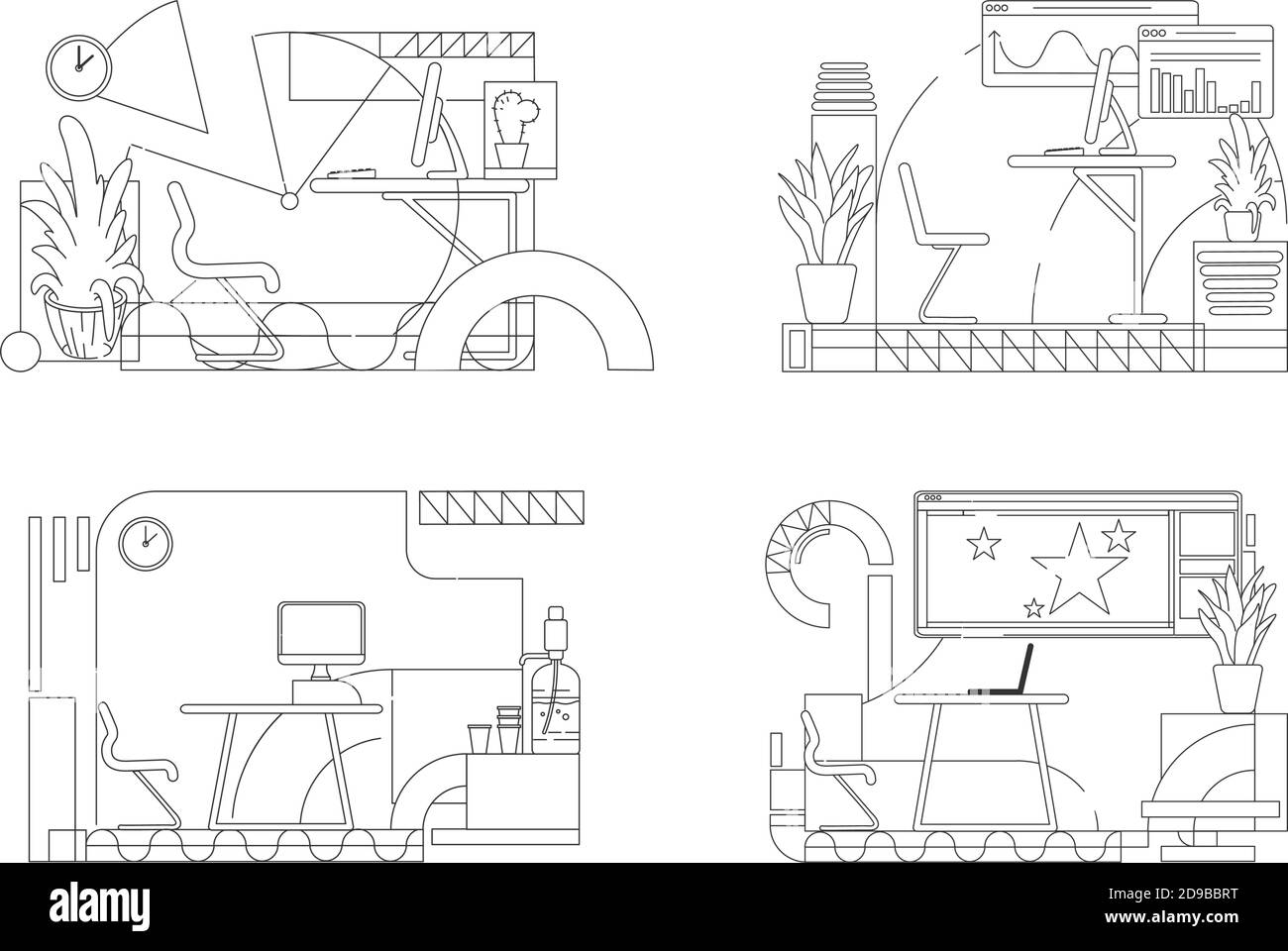 Contemporary office interior designs outline vector illustrations set ...