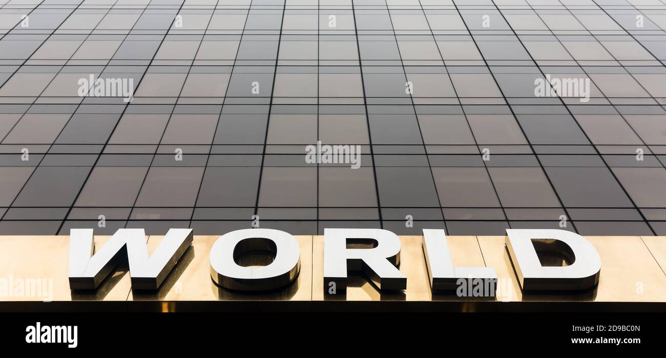 NEW YORK, USA - May 03, 2016: Word WORLD on the facade of a skyscraper ...