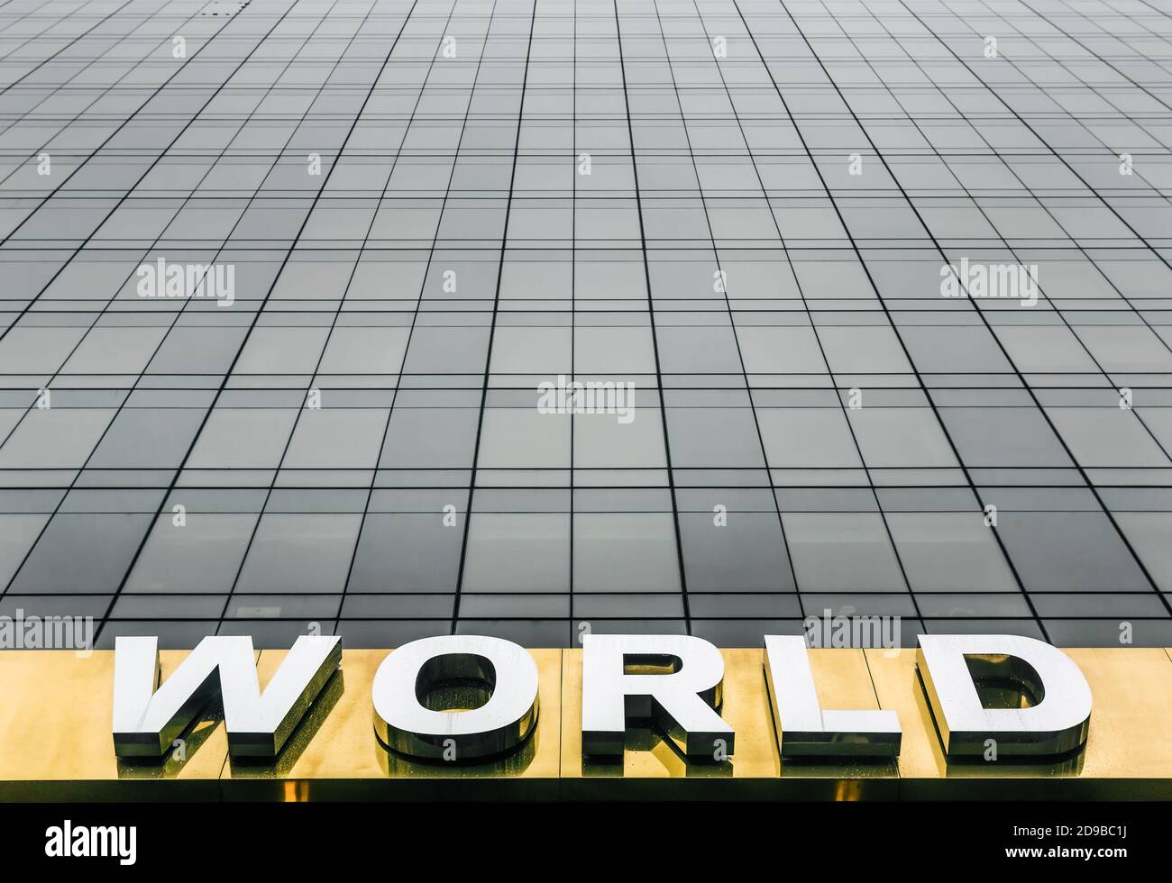 NEW YORK, USA - May 03, 2016: Word WORLD on the facade of a skyscraper ...