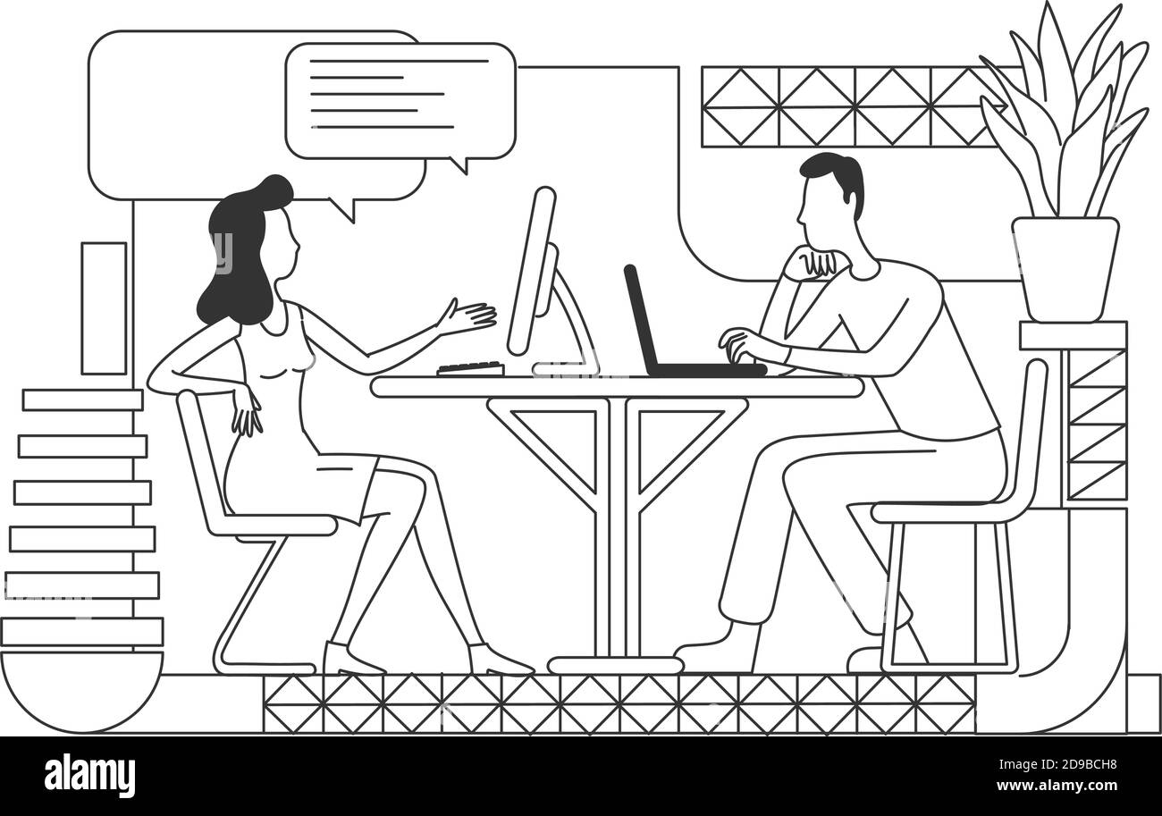 Corporate workers communication thin line vector illustration. Office ...