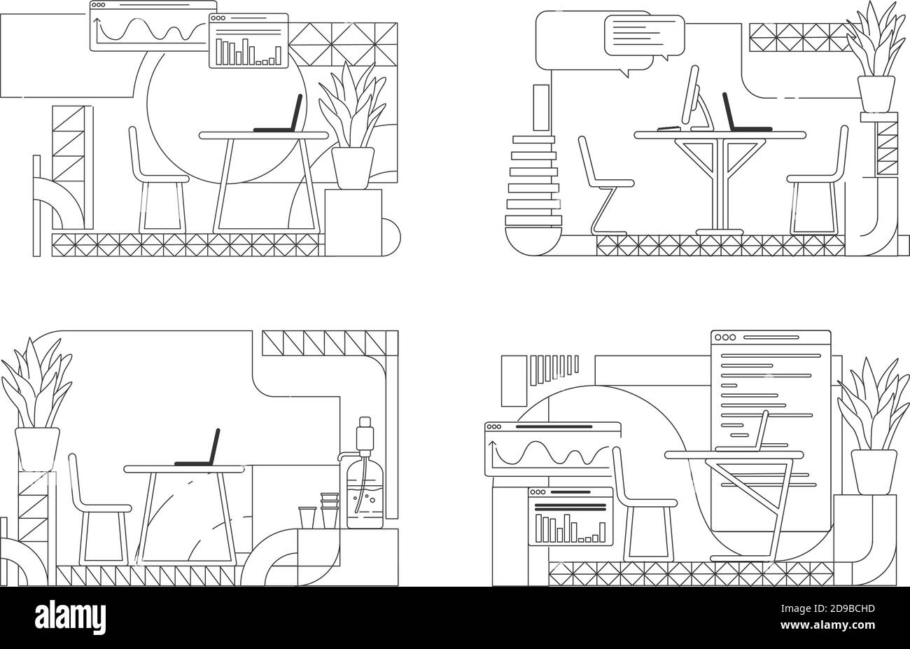 Modern office interior designs outline vector illustrations set ...