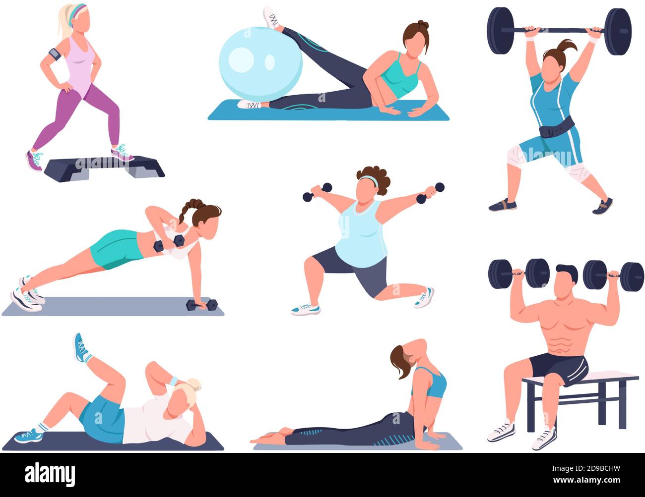 Working out people flat color vector faceless characters set Stock ...