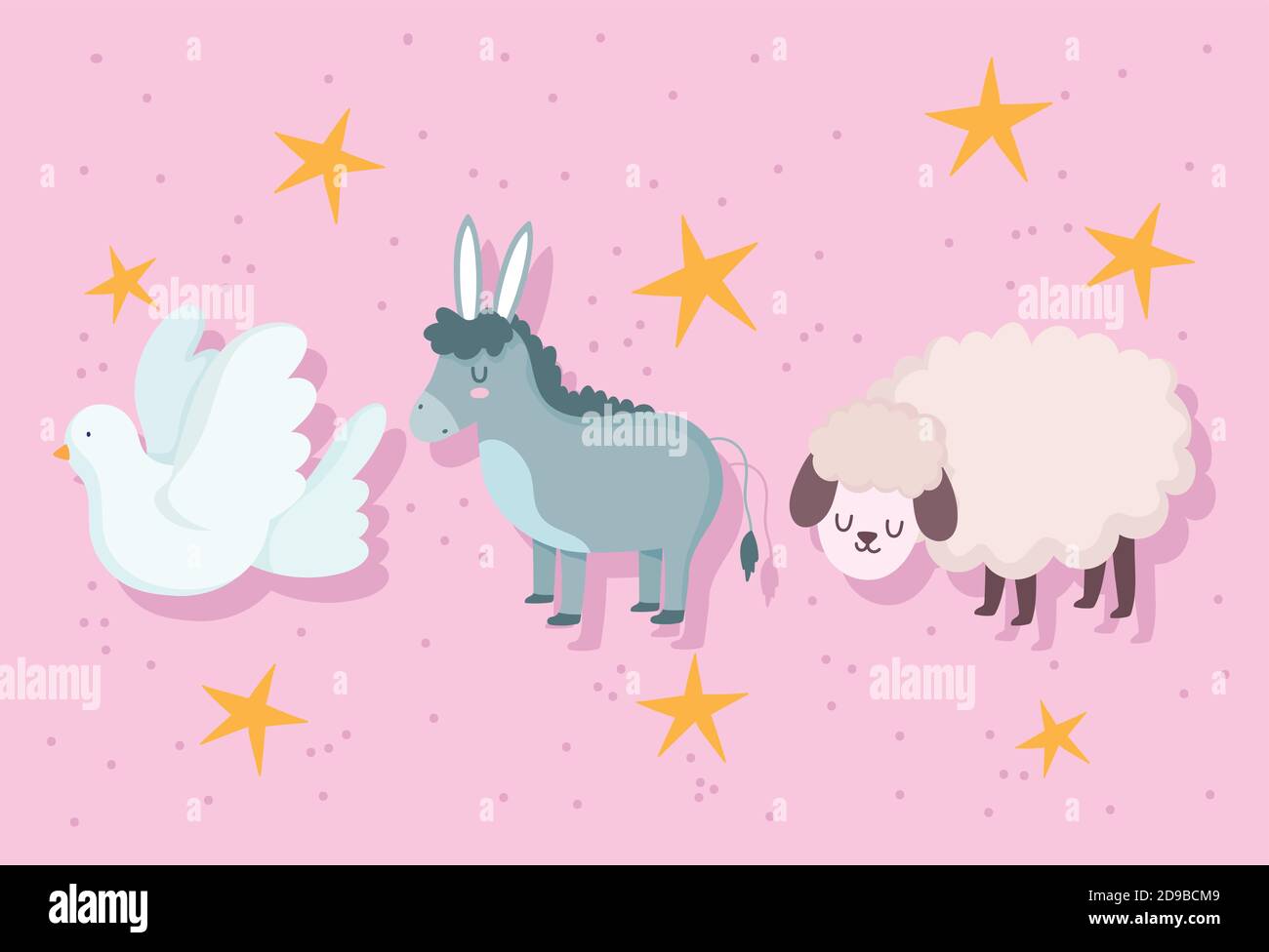 nativity, manger animals donkey lamb and dove cartoon vector ...