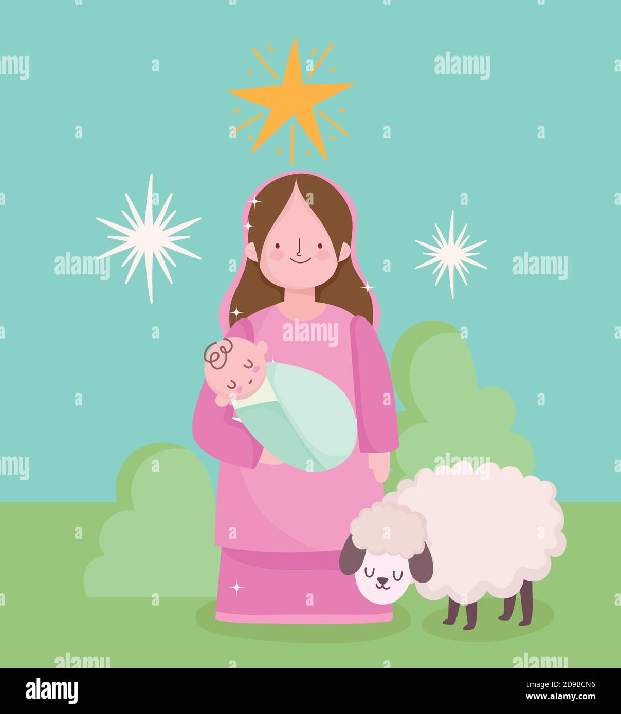 nativity, manger cute holy mary with baby in hands and lamb cartoon ...