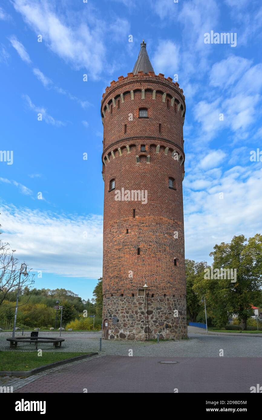 Round medieval fortified tower built of brick in Friedland (Mecklenburg ...