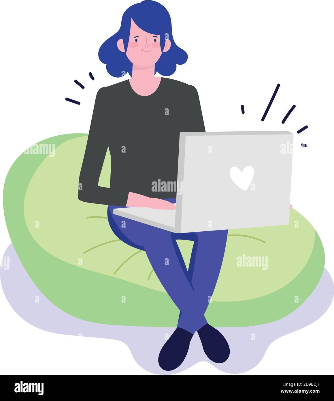 young woman sitting on bean chair with laptop working vector ...